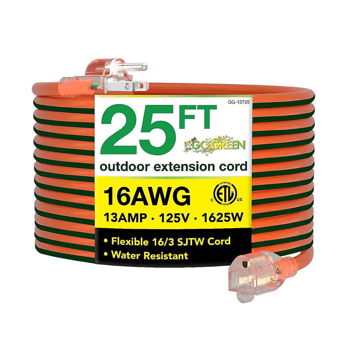 GoGreen Power GG-13725 16/3 25’ SJTW Outdoor Extension Cord, Lighted End, 25 Ft