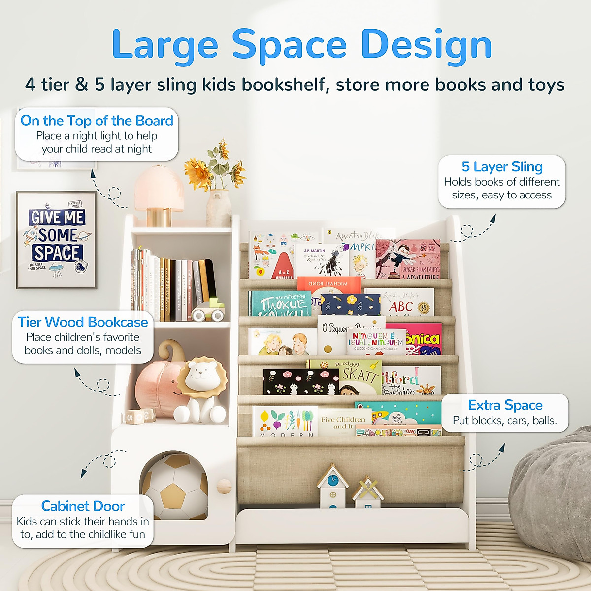 FKWin Kids Bookshelf, Kids Toy Storage Organizer, Baby Storage Book Rack, 4 Tier Kids Wooden Bookshelves, 5 Layer Sling Bookcase for Playroom, Bedroom, Living Room, Kids Room, Nursery, School(White)