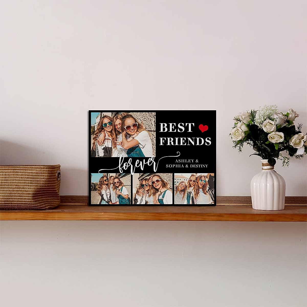 Personalized Sister Photos Collages Prints Photo Name for Wall Art Decoration Customized 4 Pictures,Red Heart Pattern Custom Photo Collage Frame for Women Sister Friend