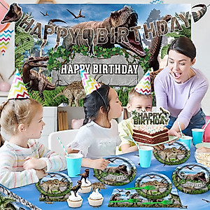 189 Pcs Dinosaur Tableware Tablecloth Party Supplies Set for 24 Guests Dinosaur Birthday Party Decoration Kit Includes Plates Backdrop Banners Cake Topper Dino Baby Shower Kids Party Favors