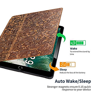 Gexmil Case for iPad Pro 12.9 Inch,2nd/1st Generation(2017/2015) Genuine Leather Cover with Pencil Holder,Cowhide Folio Cover Auto Sleep/Wake,Anti-Fingerprint,Flower Brown