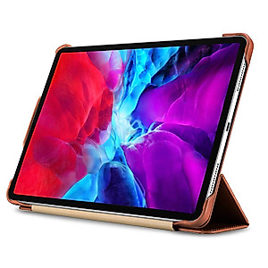 iCarer iPad Pro 11" (2021/2020) Leather Case, Handcraft Vintage Genuine Leather Smart Wake up/ Sleep Tri-fold Stand Folio Flip Case Cover - Brown