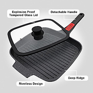 RANXINGST Griddle Pan with Lid, 10 Inch Cast Aluminium Non Stick Steak Pan with Detachable Handle for Induction Hob, Black