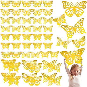 Yeaqee 48 Pcs Large Butterfly Party Decoration 3D Butterflies Wall Decor Set 2 Sizes 3 Styles Large Stickers for Birthday Baby Shower Nursery Bedroom Wedding Decor Cutouts (Gold)