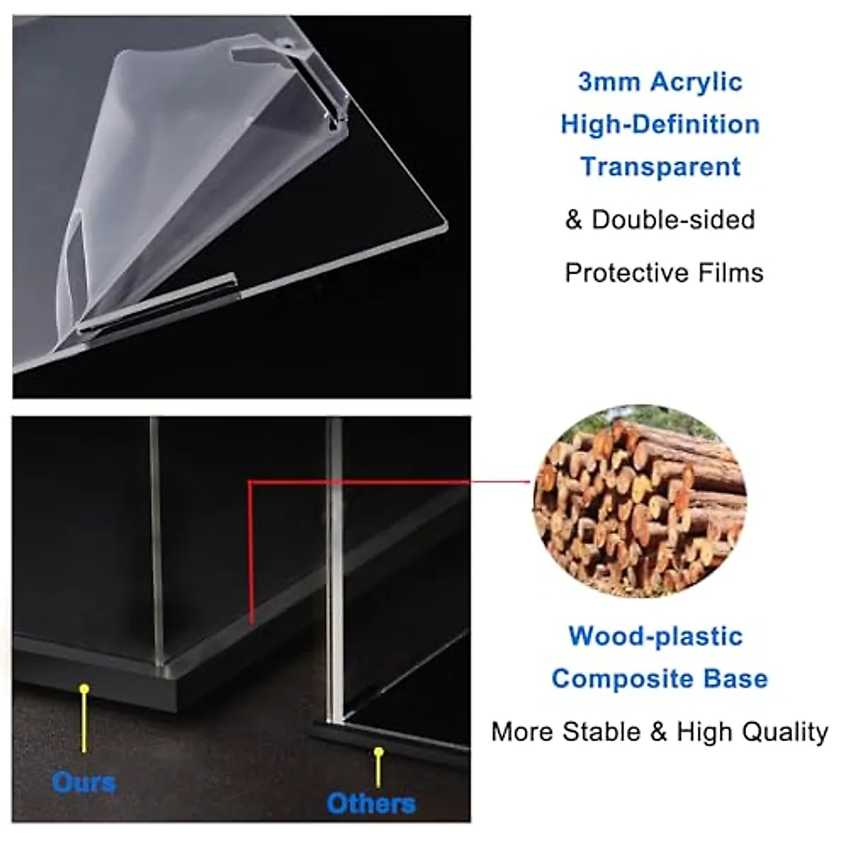 Thickened Clear Acrylic Display Case for Lego 42154 10295 42176 42170 75376 10317 Collectibles, Transparent Box Dustproof Protection with Wood-Plastic Base & String Light, Black Inside 15.7x7.9x7.9in