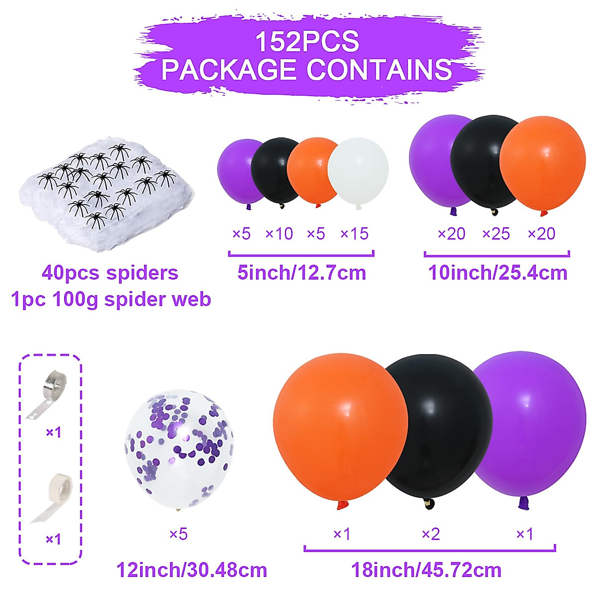152Pcs Halloween Balloons Arch Garland Kit, Orange Purple and Black Balloon with Halloween Spider Web, Spiders for Halloween Birthday decor Supplies Cute Halloween Party Decorations
