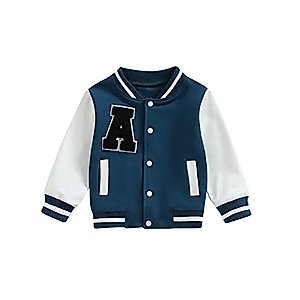 MAINESAKA Baby Boy Girl Varsity Jacket Contrast Color Baseball Jacket Outwear Long Sleeve Button DownLetterman Jacket Coat (Blue , 18-24 Months )