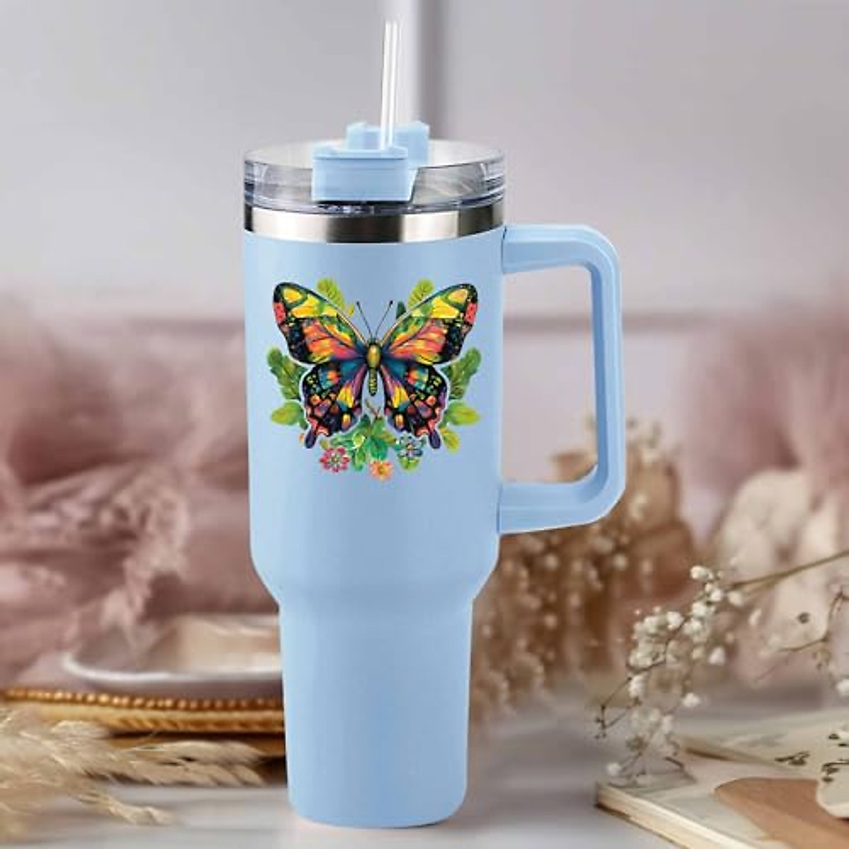 LB LEOBON 40 ounce insulated cup with handle, double-layer vacuum stainless steel material, equipped with straw, can keep warm or maintain cold drinks Butterfly Flowers 2 wathet