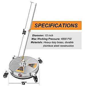 BEETRO 15'' Pressure Washer Surface Cleaner Attachment with 4 Wheels, Stainless Steel Housing and 2 Spray Wands,Power Washer Accessory for Cleaning Driveway, Sidewalk, Patio,Max. 4000 PSI