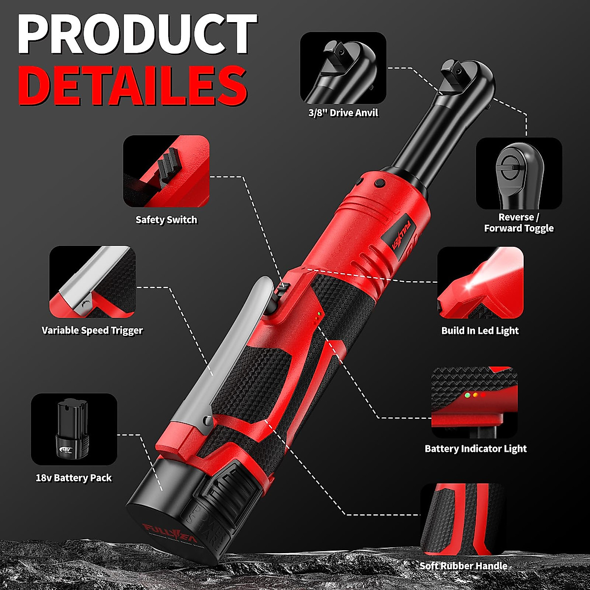 FULLYEA Electric Ratchet Wrench Set, 550 RPM Cordless Ratchet Wrench, 3/8" 18V Power Ratchet Tools with Variable Speed, LED Light, 7 Sockets, 2 Packs 2.0Ah Lithium-Ion Battery and Fast Charger