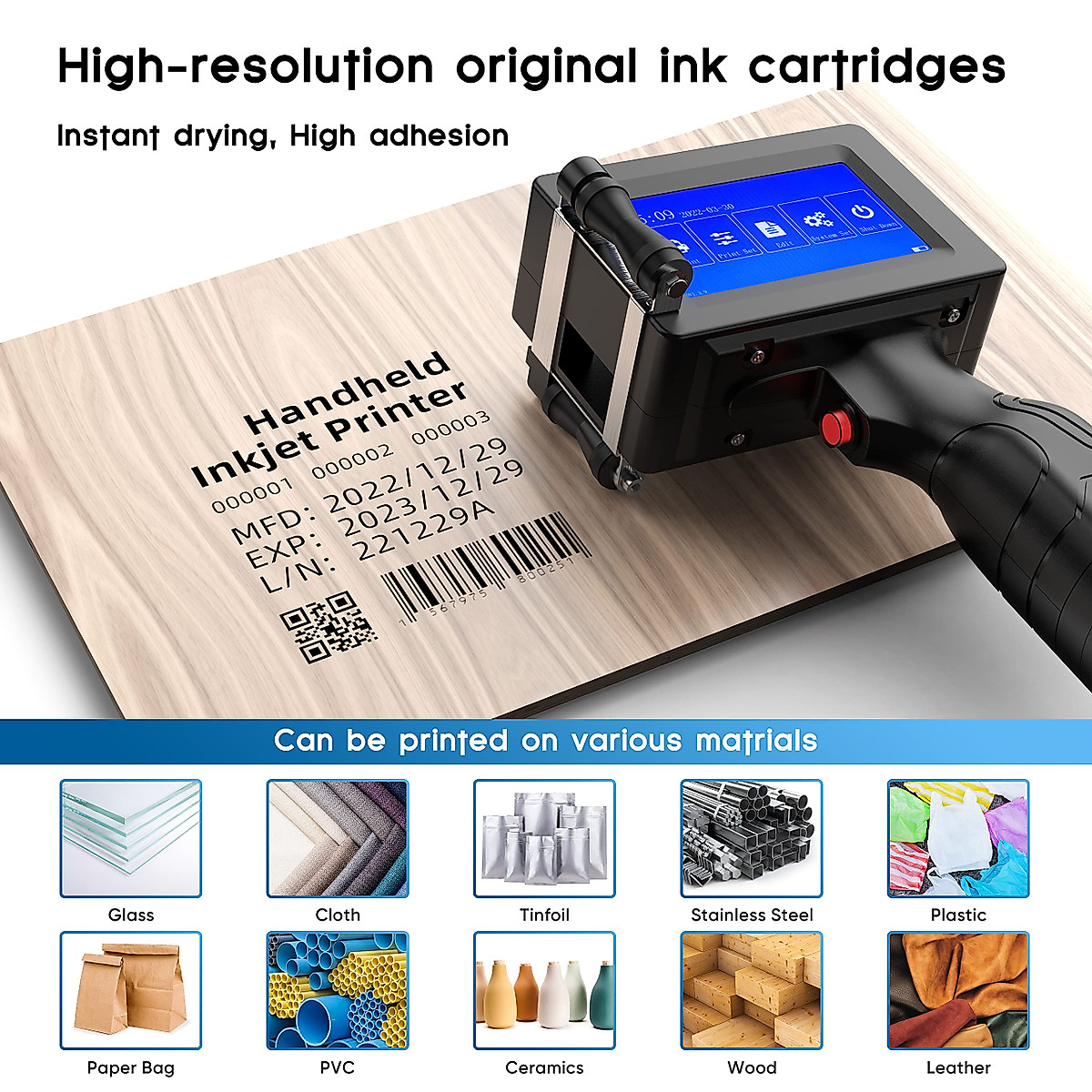 BESHENG Handheld Inkjet Printer JS12H2 Inkjet Coder Printing Height 0.08-1 Inch with Quick-Drying Ink Portable Handheld Printer with 4.3" Touch Screen for Date/Barcode/Label/Logo/QRcode Any Surface