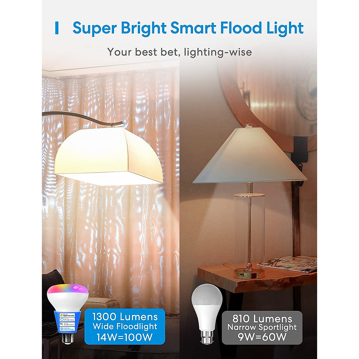 meross Smart Light Bulb, BR30 Flood WiFi LED Bulbs Compatible with Apple HomeKit, Alexa, Google Assistant & SmartThings, Dimmable E26 Multicolor 2700K-6500K RGBCW, 1300 Lumens 100W Equivalent, 1 Pack