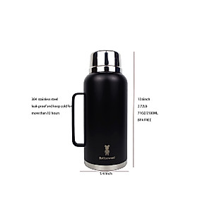 Large sport thermos water bottle with handle and Stainless Steel Lid,keep cold,Reusable, leak-proof ，71OZ Insulated water bottle， Metal Canteen，Buttonwood (black) ，2100ML