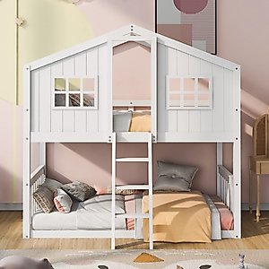 Harper & Bright Designs House Bunk Beds, Twin Over Twin Bunk Bed with Roof, Ladder and Windows, Floor Bunk Bed, Low Bunk Loft Bed for Kids Teens Boys & Girls, White