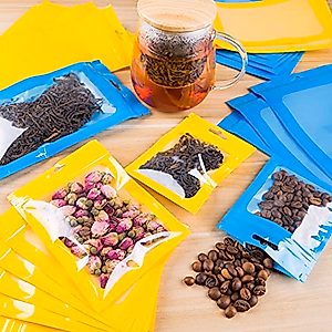 LODROC 100 Pieces Resealable Mylar Ziplock Bags with Clear Window - 3.5x4.7 Inches Smell Proof Bag Coffee Beans Packaging Pouch for Food Self Sealing Storage Supplies Jewelry Electronics Party, Yellow