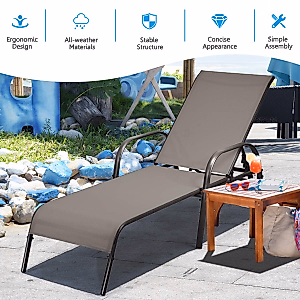 COSTWAY Outdoor Patio Lounge Chair Chaise Fabric Adjustable Reclining Armrest Pool Brown