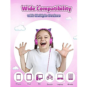 SIMJAR Cat Ear Kids Headphones with Microphone for School, Volume Limiter 85/94dB, Wired Girls Headphones with Foldable Design for Online Learning/Travel/Tablet/iPad (Purple)