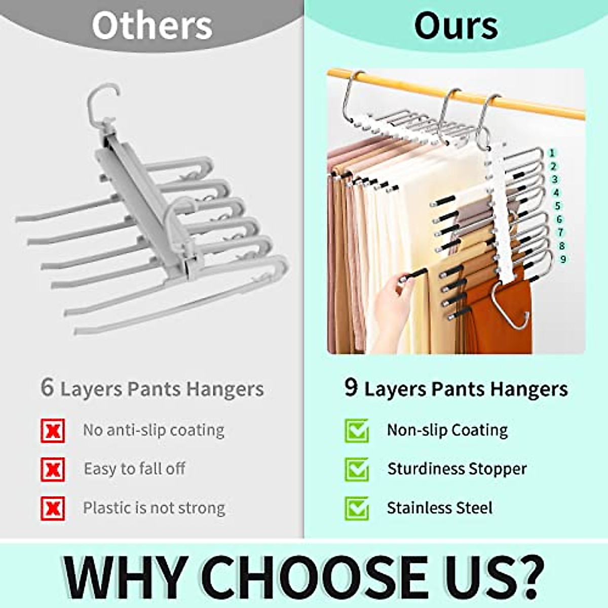 LAOYBLES Upgrade 9 Layers Pants Hangers Space Saving for Closet 2 Pack Hanger Organizer for Jeans Non Slip (Black)