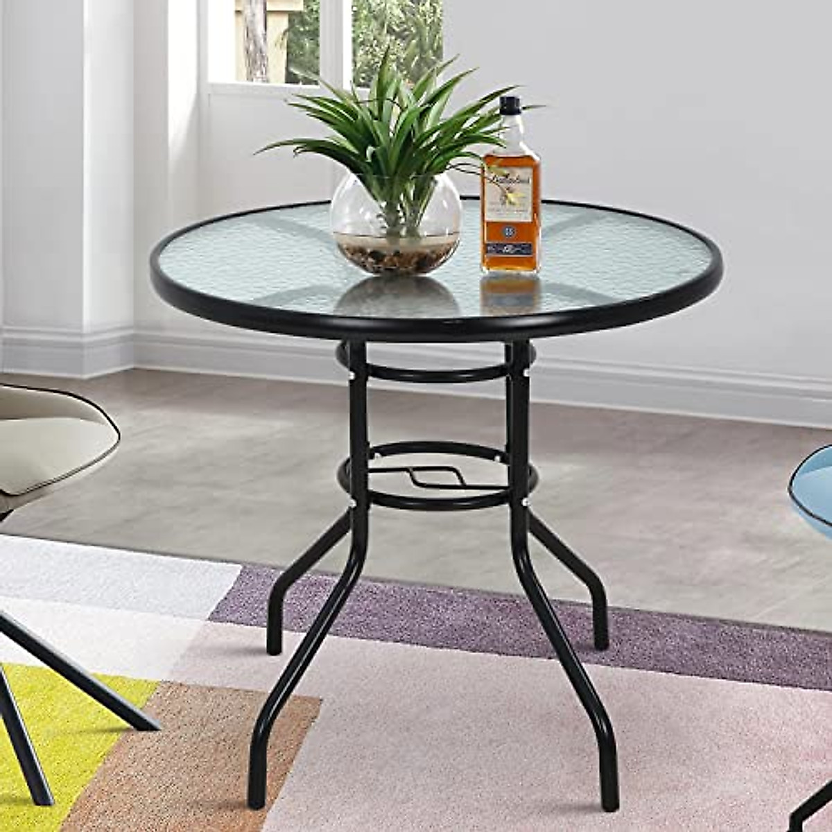 FDW Outdoor Table Patio Table Dining Table with Tempered Glass Umbrella Hole for Lawn Balcony, Yard (Round)