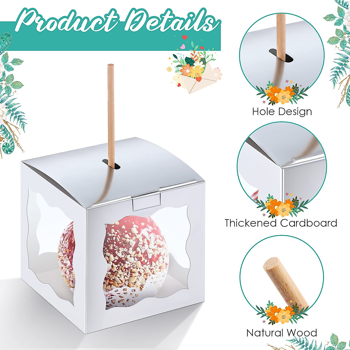 Dandat 50 Pieces 4 x 4 x 4 Inch Candy Apple Box with Hole and Stick Paper Caramel Apple Boxes Cookies Chocolate Gift Treat Boxes with Clear Windows Caramel Apple Containers for Wedding Christmas