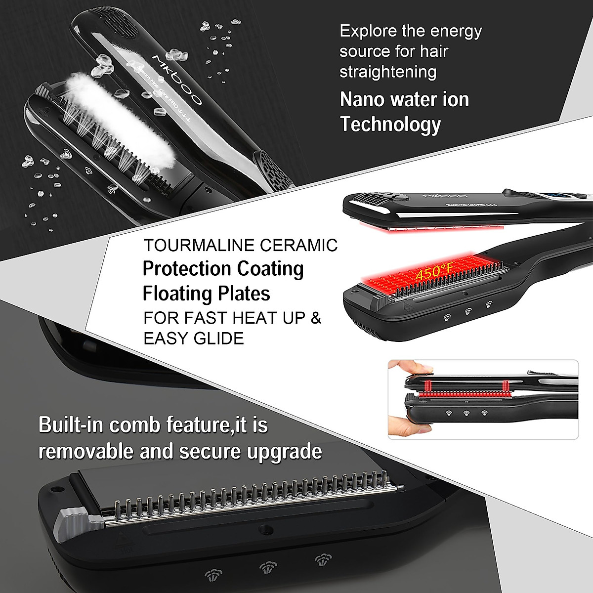 MKBOO Hair Straightener with Steam, Salon Professional Nano Titanium Ceramic Steam Flat Iron with Removable Comb+Digital LCD+5 Level Adjustable Temperature+Auto Temperature Lock Black