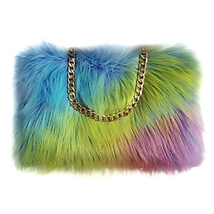 FHQHTH Faux Fox Fur Purse Fuzzy Handbags for Women Evening Handbags Al alloy Shoulder Strap [Multicolor]