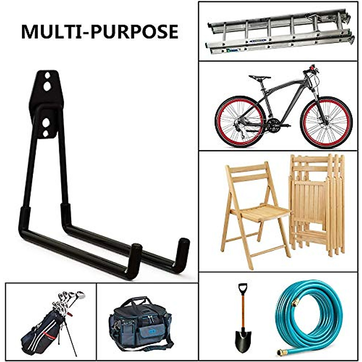 Garage Hooks, 12 Pack Wall Storage Hooks with 2 Extension Cord Storage Straps, Heavy Duty Tool Hangers for Utility Organizer, Wall Mount Holders for Garden Lawn Tools, Ladders Hanger, Bike (Black)