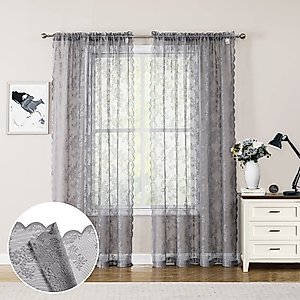 Urban Lotus Grey Lace Sheer Curtains 55 x 54 Inch Elegant Floral Rose Lace Embroidered Curtain Panels Airy Light Filtering Rod Pocket Window Treatment Sets for Garden Balcony, 1 Pair