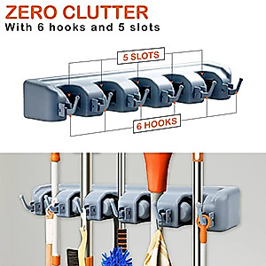 Comfecto New Version 4pcs Self Adhesive Broom Holder with Gripper and 2 Hooks, Damage Free Broom Mop Holder, No Drill Anti-Slip Wall Mount Broom Gripper Organizer for Bathroom Kitchen Garden Garage