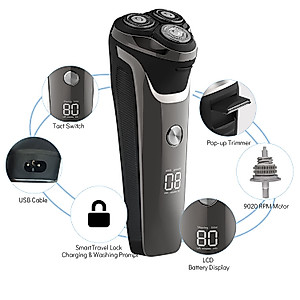 Mens Electric Razor, SIWIEY 4D Rechargeable Electric Shavers for Men with Pop-up Beard Trimmer, LCD Display, Child Lock, Wet & Dry Use, USB Charger Cordless Shavers for Men