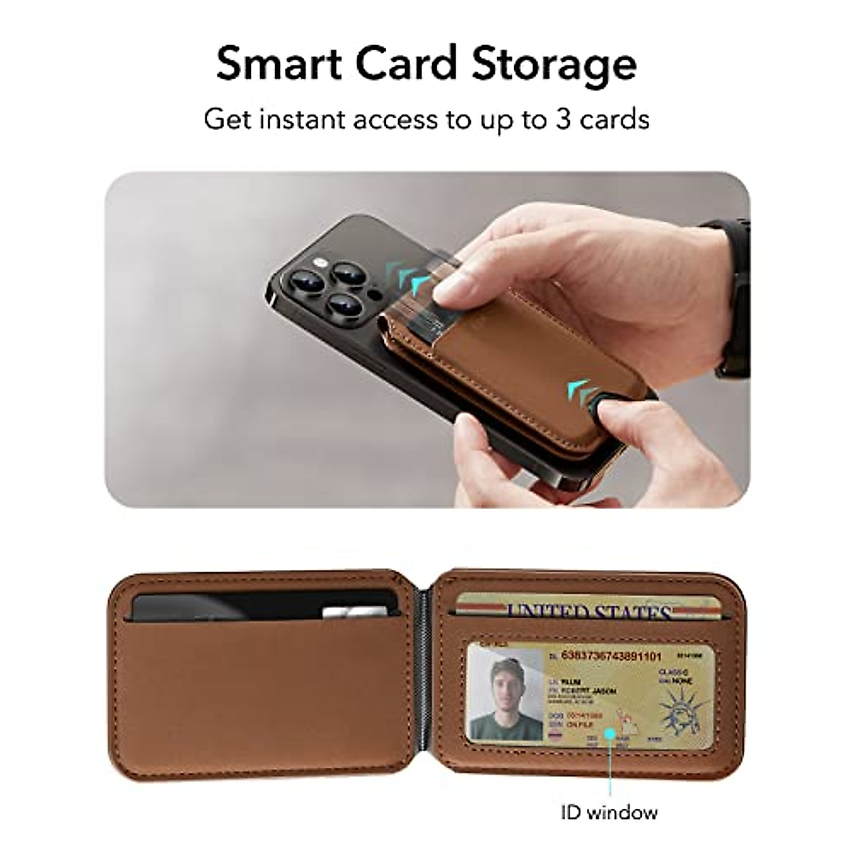 ESR Magnetic Wallet (HaloLock), Compatible with MagSafe Wallet, iPhone Wallet with Adjustable Stand, for iPhone 15/14/13/12 Series, Not for iPhone 13/12 mini, 3 Card Holder, Vegan Leather, Brown