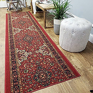 Rubber Backed Hallway Runner Rug, 31 x 120 inch, Persian Medallion Carmine Red, Non Slip, Kitchen Rugs and Mats
