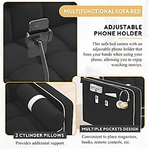 3 in 1 Convertible Sleeper Sofa,55.5" Velvet Tufted Pull Out Couch Bed,Loveseat Futon Sofa Chaise Lounge with Adjustable Backrest&Phone Holder for Living Room,Office,Apartment,Small Space(Black)