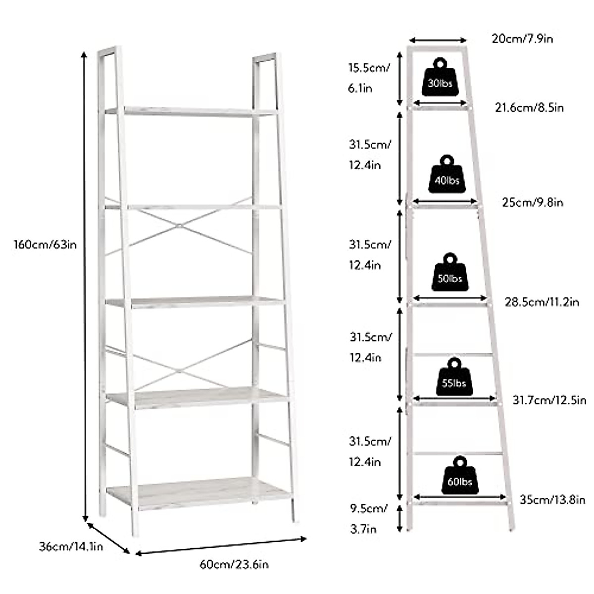 Yusong Ladder Shelf,Industrial 5-Tier Bookshelf,Free Standing Bookcase,Utility Organizer Shelves for Plant Flower,Wood Look Accent Furniture with Metal Frame for Home Office, (White)