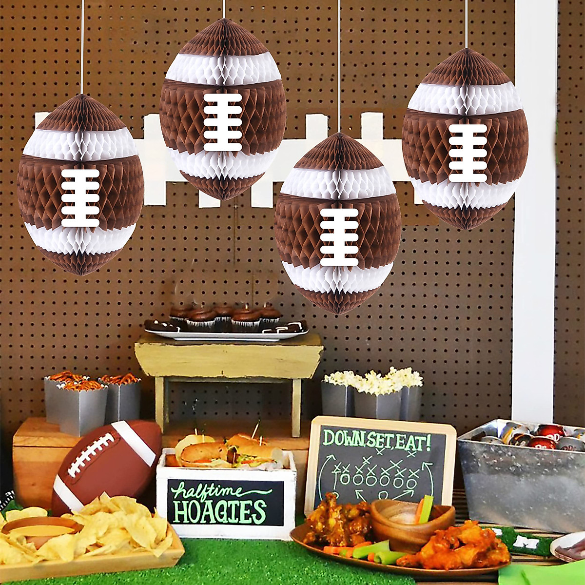 4Pcs Football Party Honeycomb Hanging Decorations 3D Football Honeycombs Tissue Paper Pom Poms for Boys Sport Theme Baby Shower Decorations