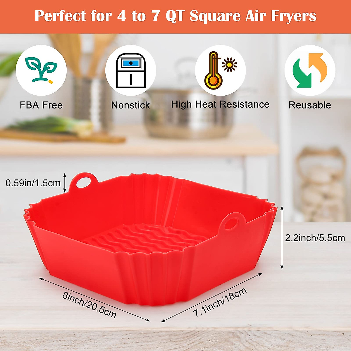 2 Pack Square Air Fryer Silicone Liners Pot for 4 to 7 QT, Anglecai 8 Inch Air Fryer Silicone Bowl Basket, Reusable Air Fryer Silicone Inserts Washable Air Fryer Baking Tray for Air Feyer Oven