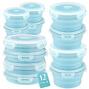 Tanlade 12 Pack Collapsible Bowls with Lids 17oz Collapsible Food Storage Containers Round Lunch Containers Silicone Collapsible Bowls for Camping RV Kitchen Microwave Dishwasher (Pink, Blue)