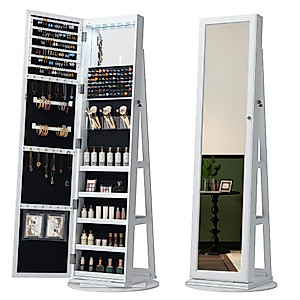 LVSOMT LED Mirror Jewelry Cabinet Standing, 360° Swivel Jewelry Organizers and Storage, Farmhouse Mirror with Jewelry Storage, Lighted Jewelry Armoire with Full Length Mirror (Pure White)