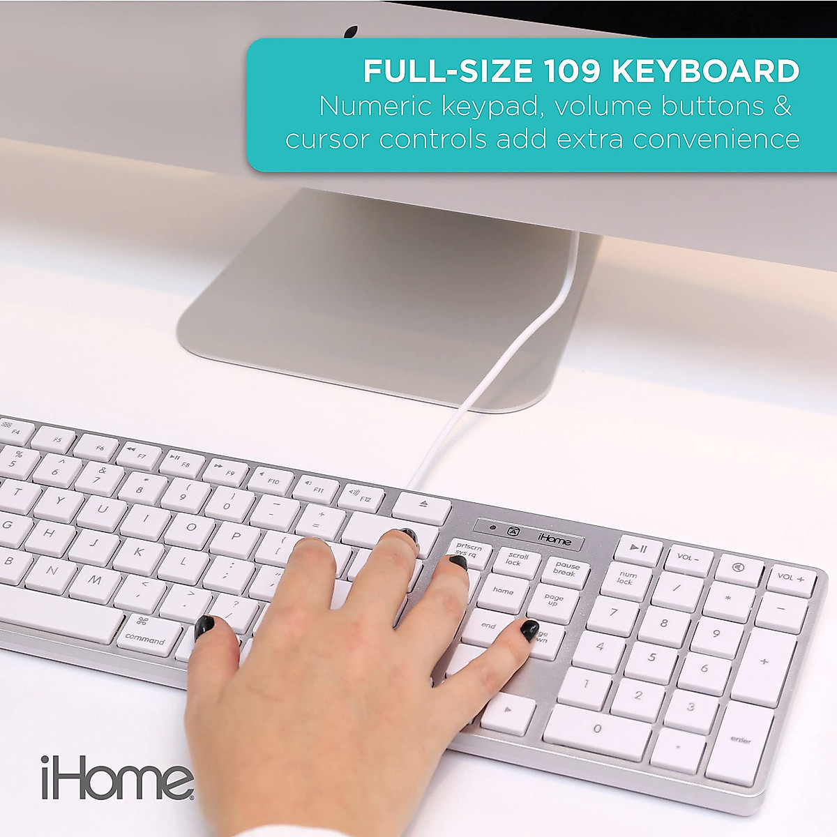 iHome Full Size Wired Keyboard - Compatible with Apple iOS or Windows - Sleek Mac and iMac Style Design - Desktop PC or Laptop