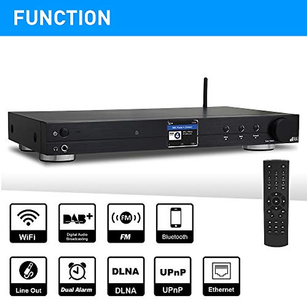 Ocean Digital WiFi Internet Component Radio Tuner (430 mm) WR10 FM/ Ethernet Bluetooth Receiver 2.4" Color Display with Digital Output to Connect Hi-Fi System -Black