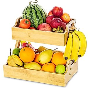 ETECHMART Bamboo Fruit Basket, 2 Tiers Fruit Bowl For Kitchen Counter, Large Capacity Detachable Vegetable Bread Storage Basket Banana Holder Stand