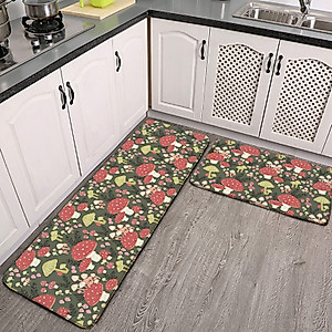 YouTary Mushrooms Pattern Kitchen Rug Set 2 PCS Floor Mats Washable Non-Slip Soft Flannel Runner Rug Doormat Carpet for Kitchen Bathroom Laundry