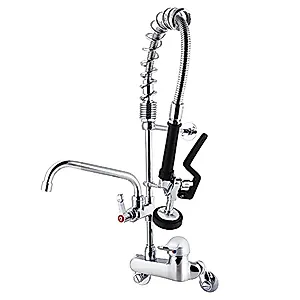 MaxSen Wall Mount Commercial Sink Faucet with Sprayer 4-8 Inch Adjustable Center 25'' Height Brass Faucet Body 8 Inch Swing Spout fit for Compartment Sink in Bar or Restaurant(M6810-1P)