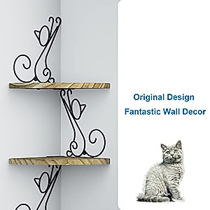Alsonerbay Wall Mount Corner Shelves 4 Tier Floating Corner Storage Wood Shelves Decorative Rustic Radial Shelf in Cat Shape Carbonized Black
