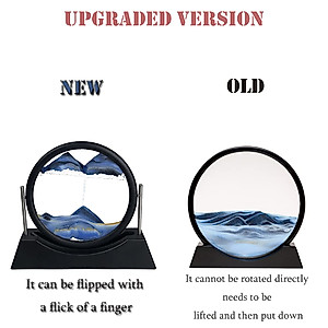 Oneshow Moving Sand Art Picture Flowing Sand Painting 3D Deep Sea Sandscape Liquid Motion Display 360° Rotation Round Glass Frame Relaxing Desktop Home Office Decor for Adult Desk Art (Blue)