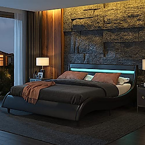 TTVIEW Queen Upholstered Smart LED Bed Frame with Headboard，Modern Faux Leather Wave-Like Platform Bed Frame, Low Profile Bed Frame with Solid Wood Slats Support, Black