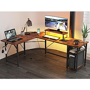 SZXKT L Shaped Gaming Desk with Power Outlets and Monitor Stand, Computer Desk with LED Lights,Home Office Desks Large Writing Study Table Workstation with Hooks Desk for Bedroom, Rustic Brown