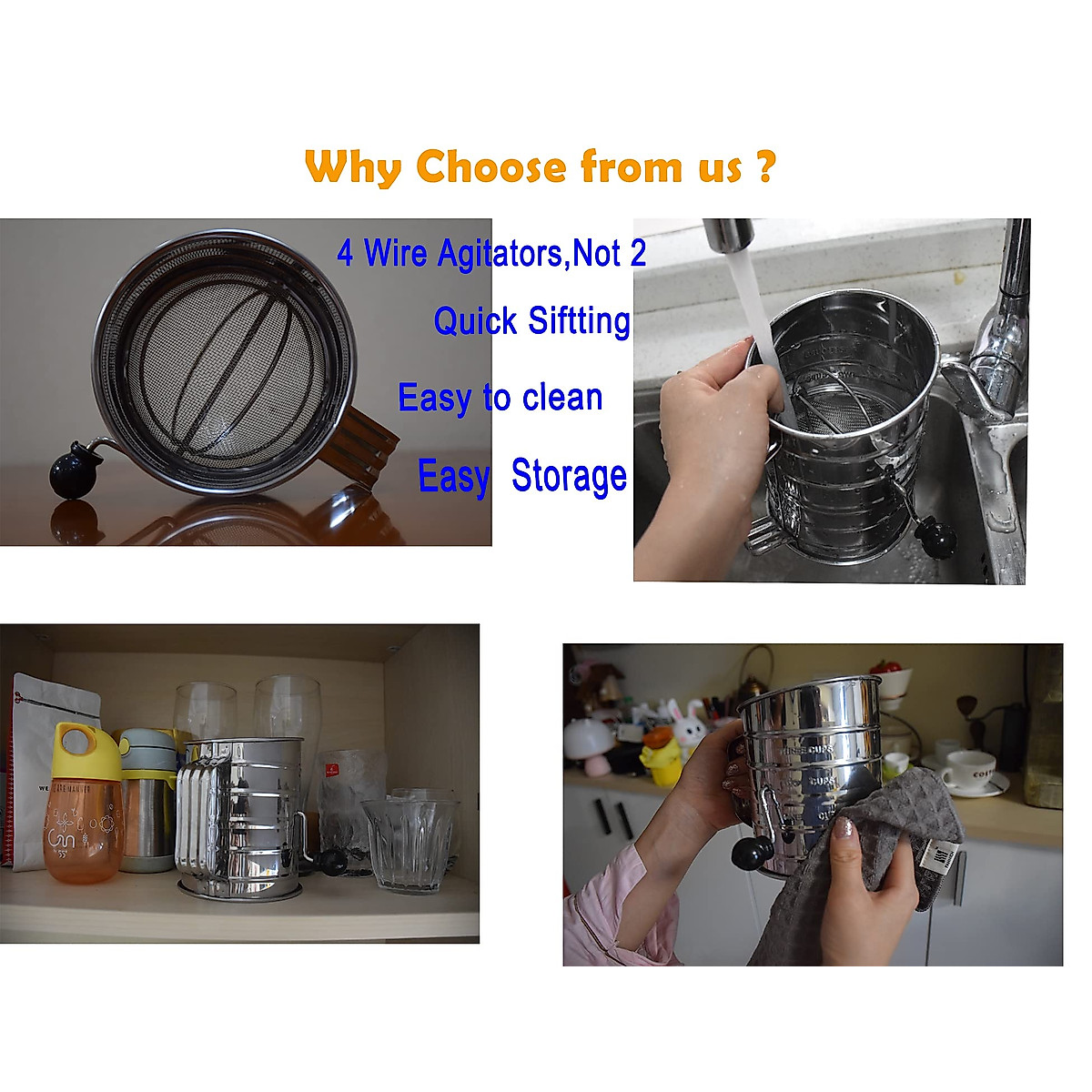 Baking Sifter Flour Sifter Stainless Steel Hand Crank with 4-Wire Agitator for Baking