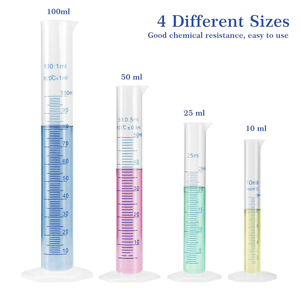 Lurrose Measuring Cylinder Graduated Cylinder Lab Test Tube Set of 4, Plastic Graduated Cylinder Set 10, 25, 50, 100ml