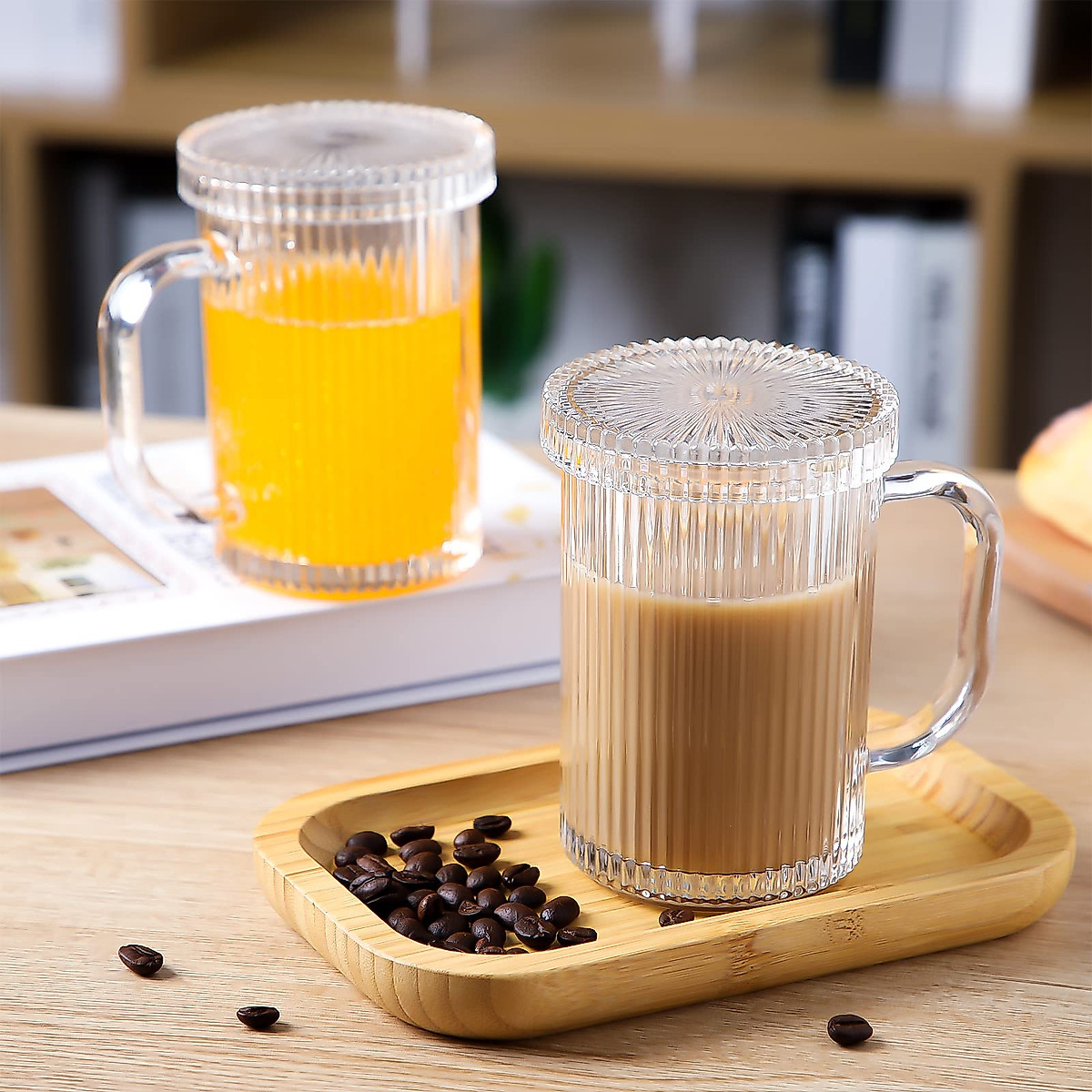 2 Pieces Clear Glass Coffee Mugs with Glass Lids Vintage Vertical Stripes Tea Mug Classic Ribbed Glasses with Handles Clear Coffee Cups for Espresso Latte Anniversary Xmas 14 oz (Clear)